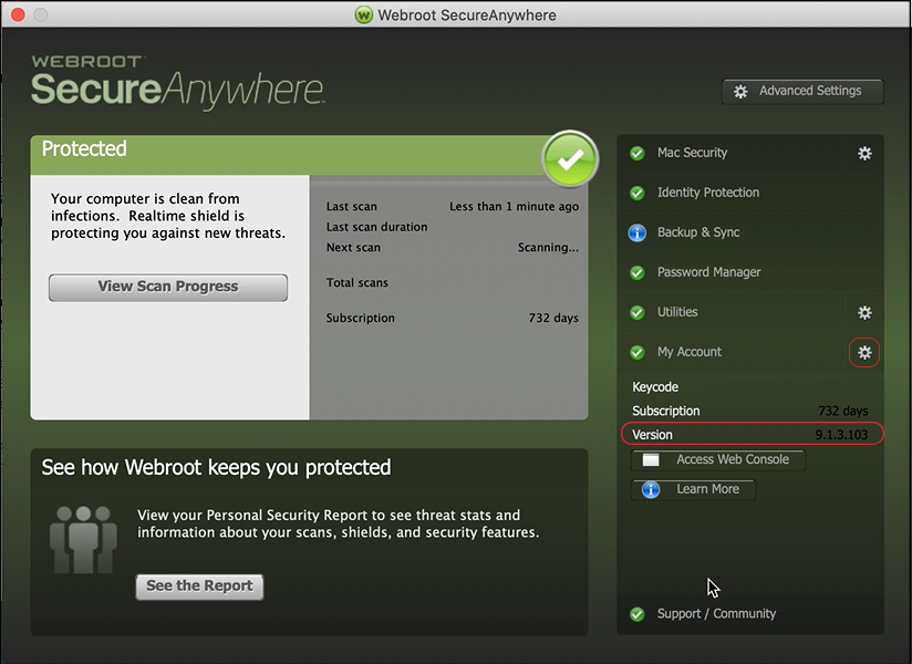 How to check which version of Webroot SecureAnywhere is running on the mac